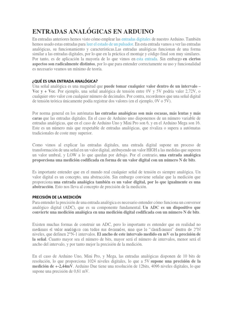 Entradas Analógicas En Arduino Pdf Señal Analoga Resistencia 