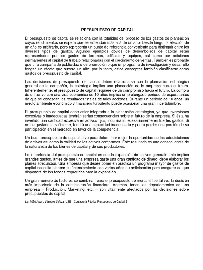 Presupuesto de Capital | PDF | Presupuesto | Capital (economía)