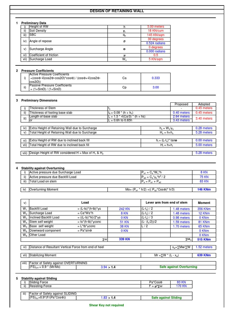 Design Of Retaining Wall 1 Preliminary Data Download Free Pdf