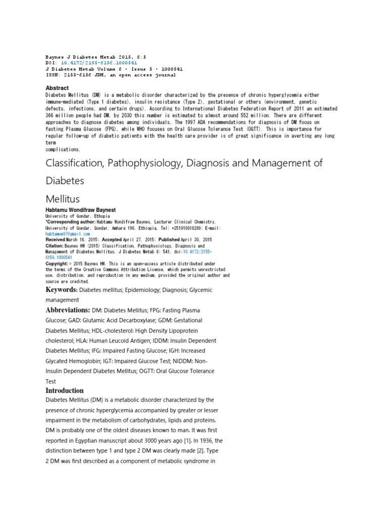 Classification, Pathophysiology, Diagnosis and Management of Diabetes ...