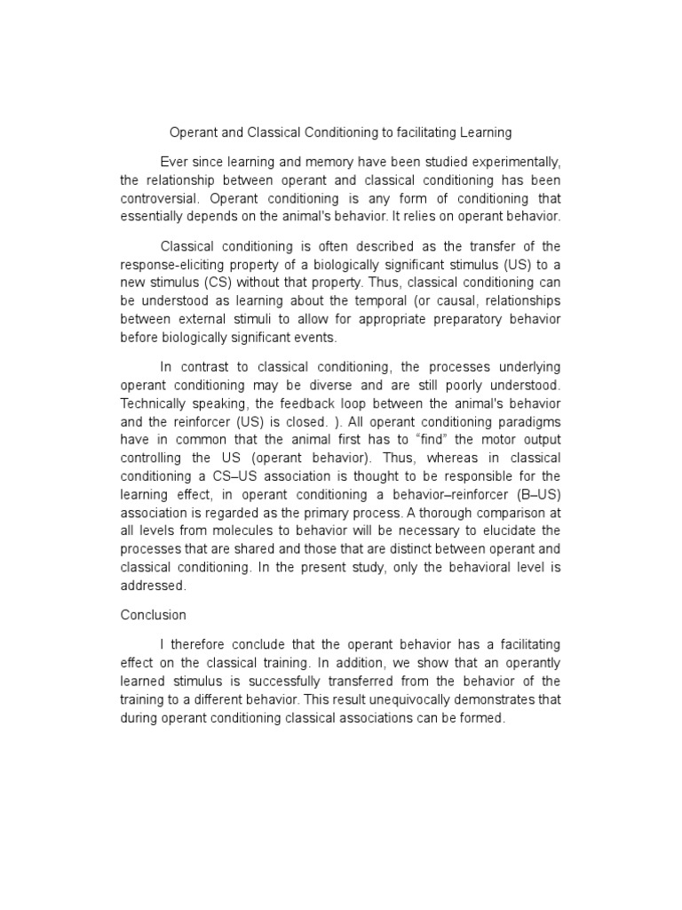 Operant and Classical Conditioning To Facilitating Learning | PDF | Classical Conditioning ...