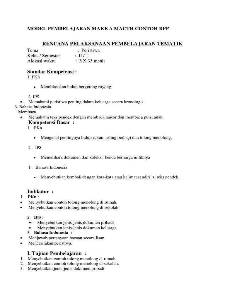 Model Pembelajaran Make A Macth Contoh RPP | PDF