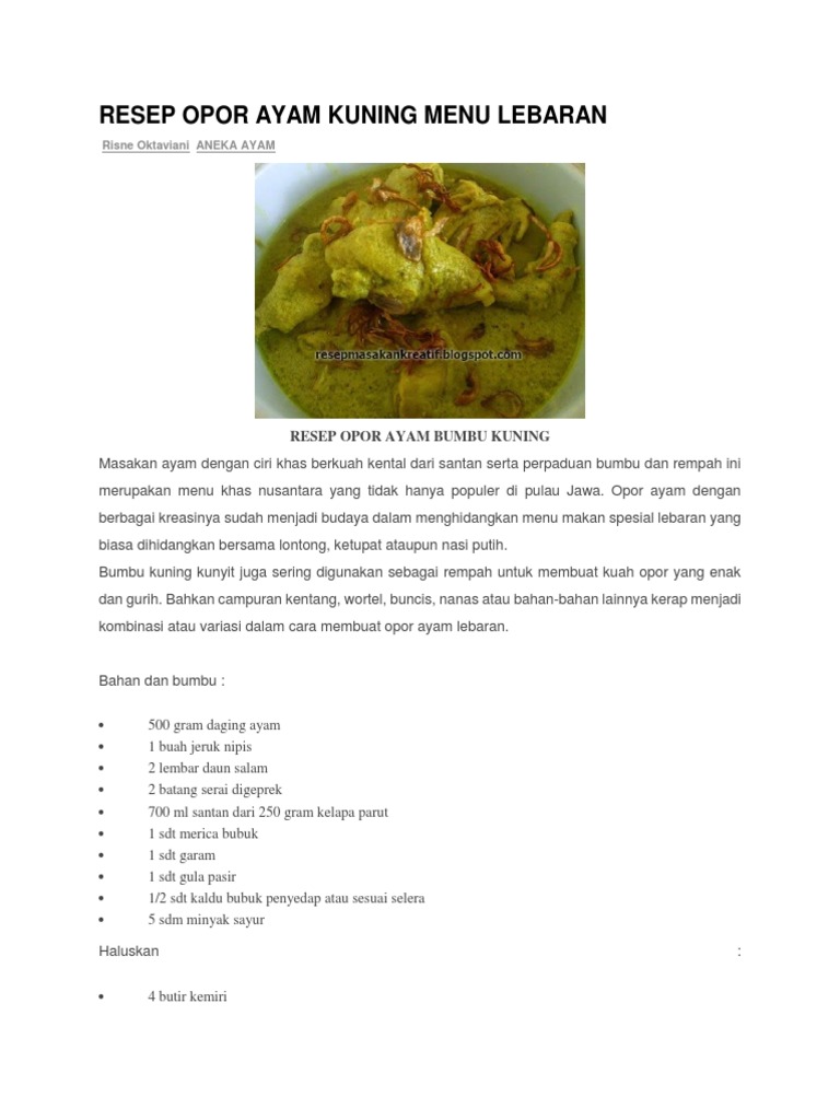 Resep Opor Ayam Kuning Menu Lebaran | PDF