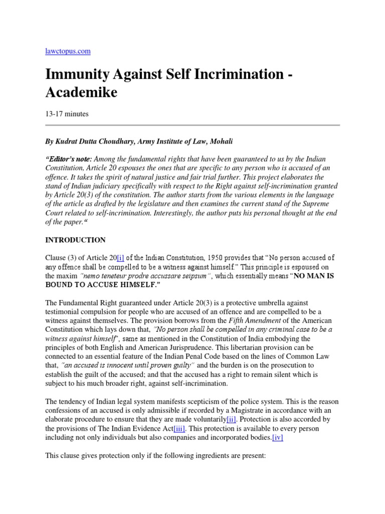 Immunity Against Self Incrimination - Academike | Download Free PDF ...