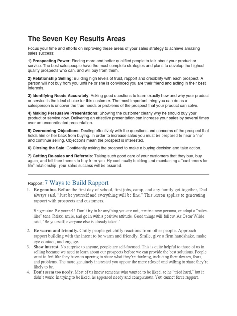The Seven Key Results Areas | PDF | Sales | Strategic Management
