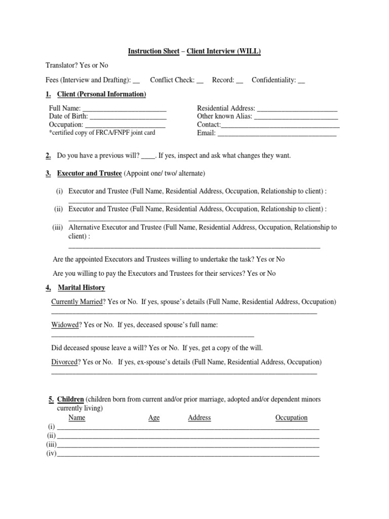 Will Instruction Sheet | PDF | Will And Testament | Civil Law (Legal ...