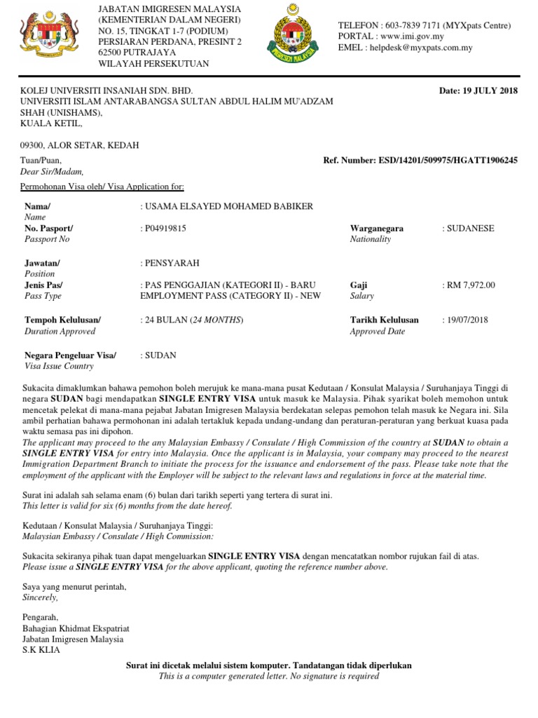 Contoh Surat Kelulusan Visa Dengan Rujukan (VDR) - VDR Letter | PDF