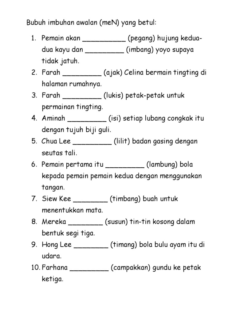 Bubuh Imbuhan Awalan Yang Betul A | PDF