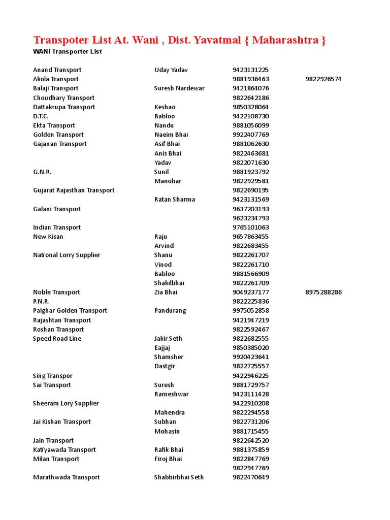 Transporter List At. Wani | PDF
