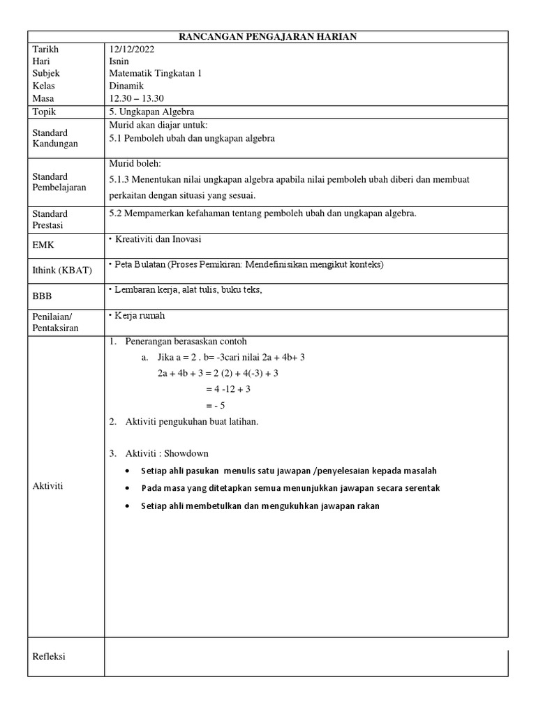 Rancangan Pengajaran Harian Matematik Tingkatan 1 | PDF