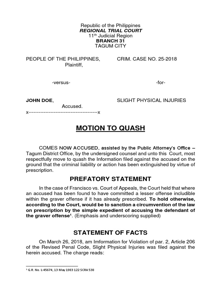 MOTION To Quash | PDF | Statute Of Limitations | Crime & Violence