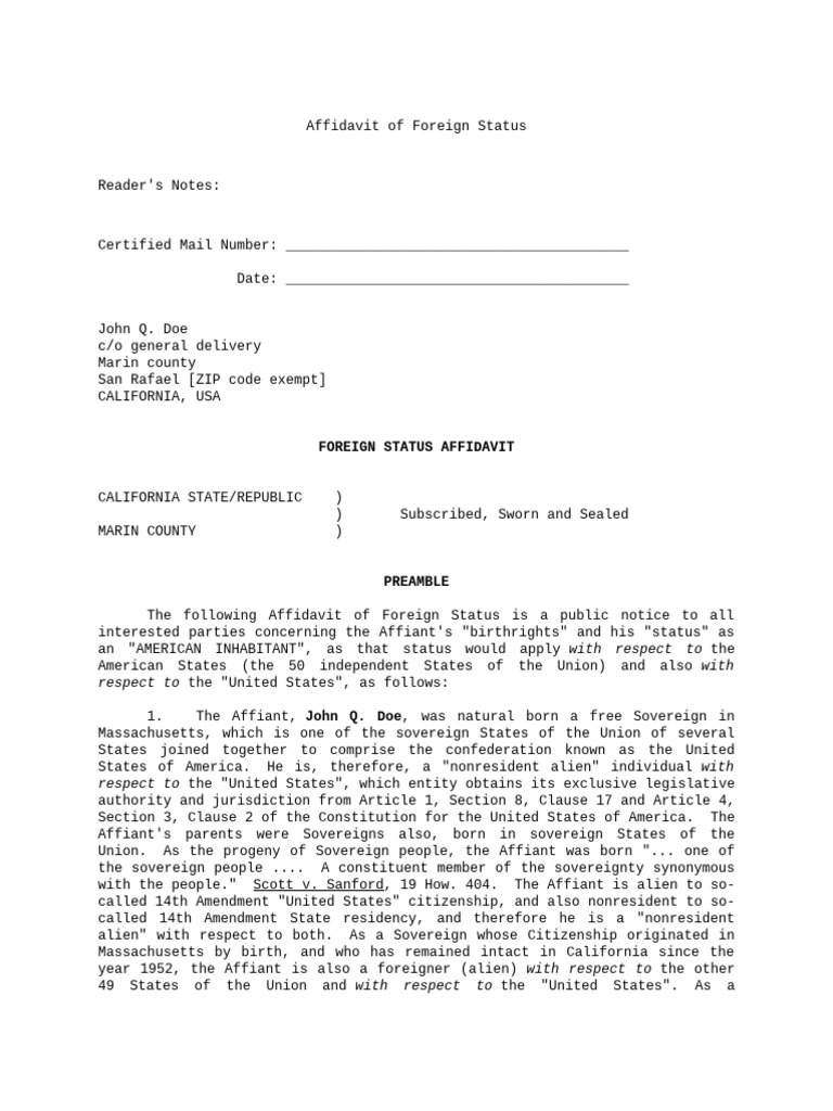 Affidavit of Foreign Status | Affidavit | Sovereignty