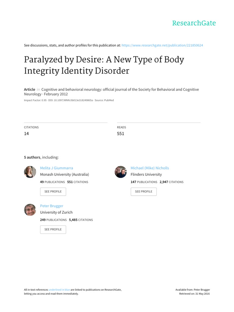 Paralyzed by Desire: A New Type of Body Integrity Identity Disorder ...
