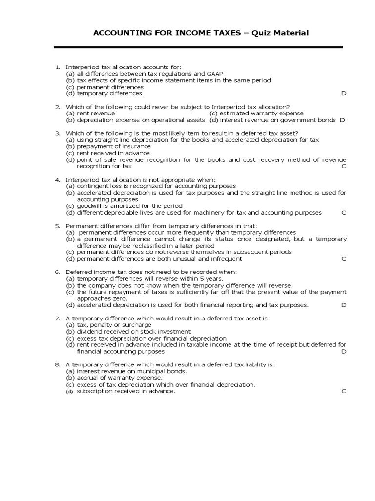 Accounting For Income Taxes - Quiz | PDF | Deferred Tax | Depreciation