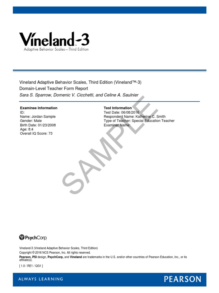 Vineland 3domain LevelTeacherFormSampleReport | PDF | Confidence ...