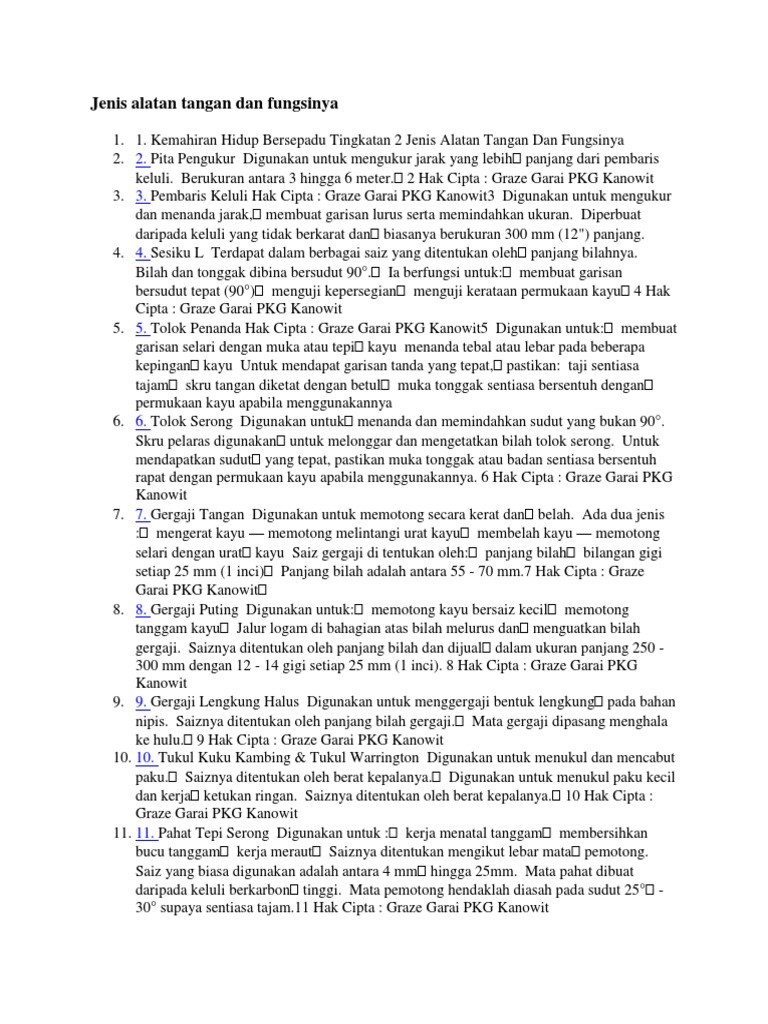 Jenis Alatan Tangan Dan Fungsinyaa | PDF | Griya & Taman