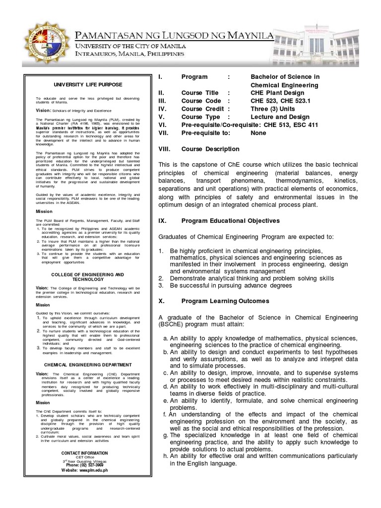 CHE 523 CHE Plant Design With Rubrics | PDF | Engineering | Design