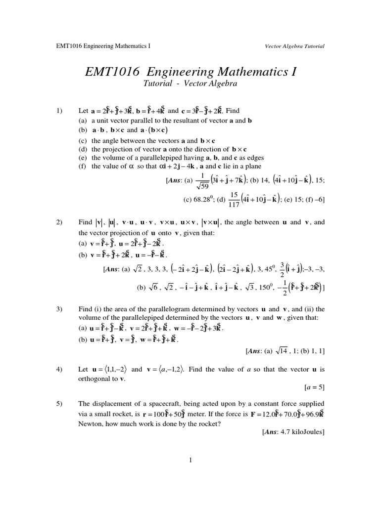 Vector Algebra Tutorial Questions | PDF | Plane (Geometry ...
