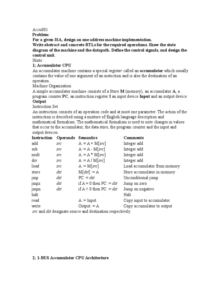 Design of a One-Address Accumulator CPU Architecture with Instruction Set, State Diagram ...