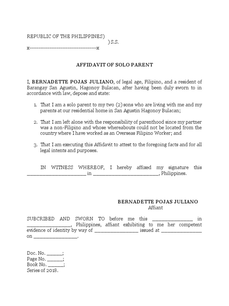 Affidavit of Solo Parent Sample | PDF