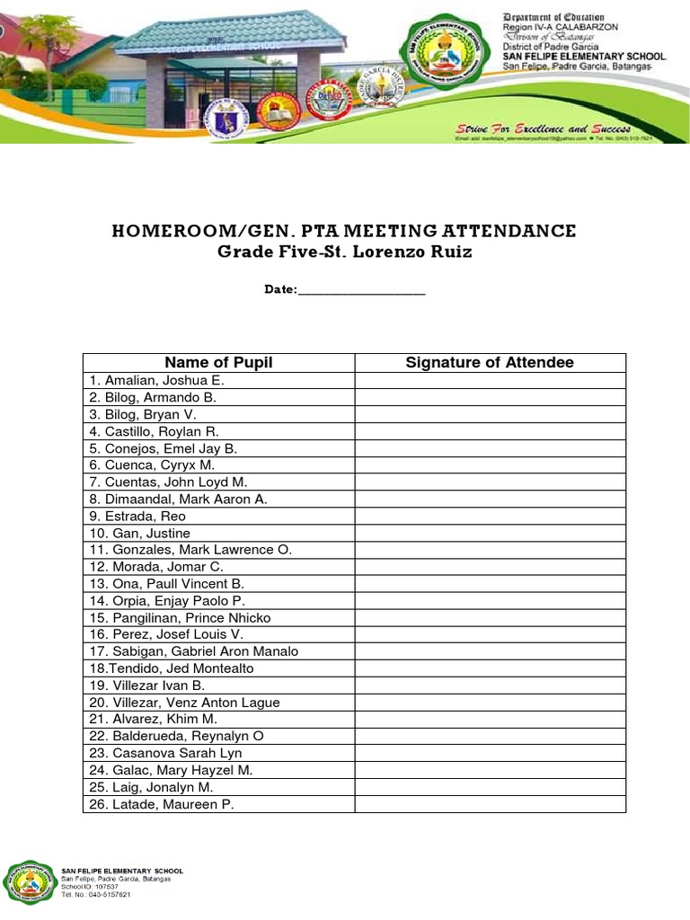 Grade Five PTA Meeting Attendance Sheet | PDF
