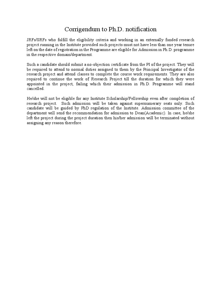 Corrigendum To Ph.D. Notification | PDF
