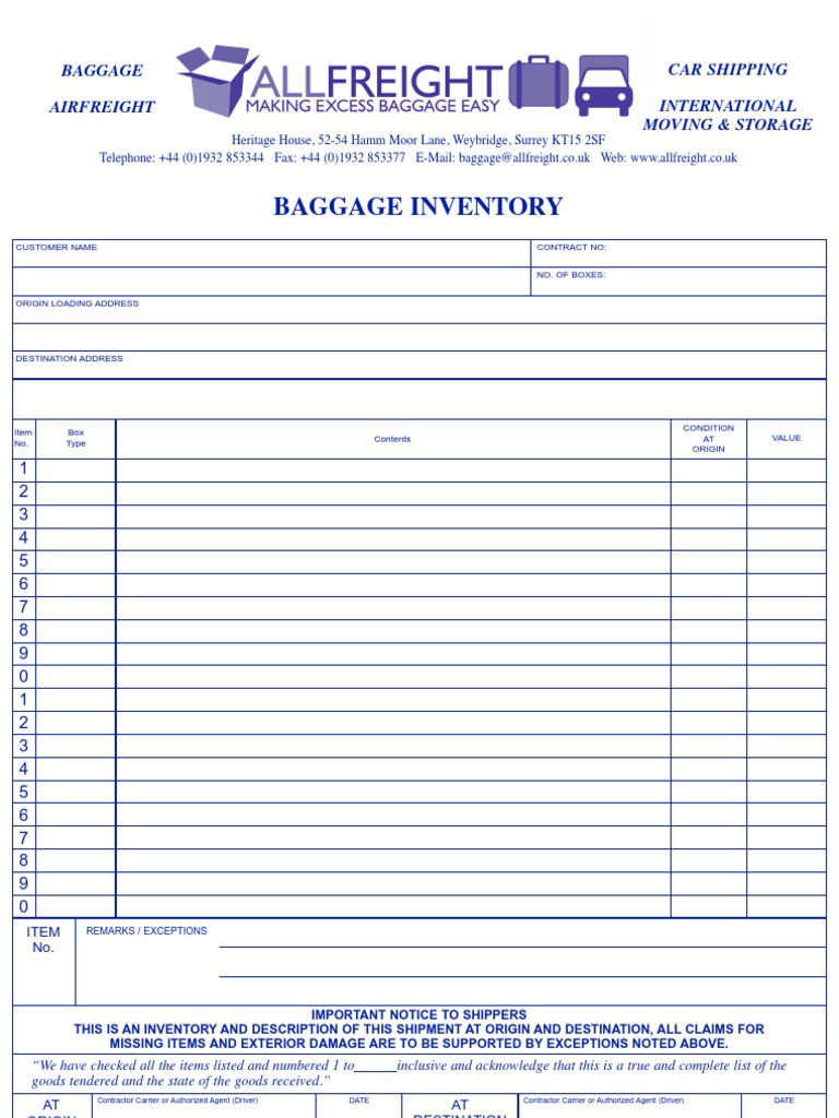 Baggage Inventory | PDF | Shipping Service | Transport