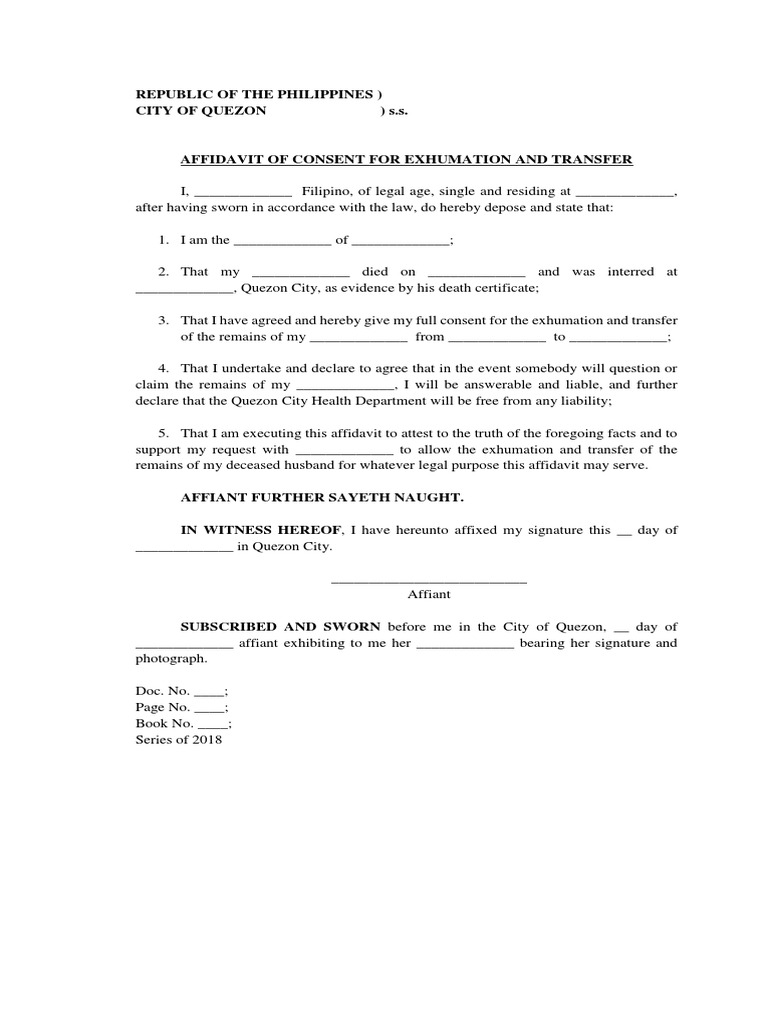 Affidavit of Exhumation and Transfer