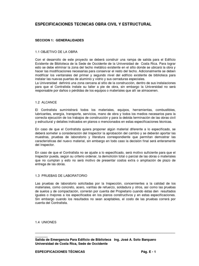 Especificaciones Tecnicas Obra Civil | PDF | Hormigón | Aluminio