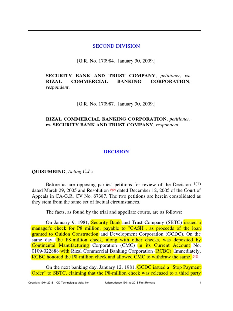 RCBC vs. Security Bank: Manager's Check Dispute | PDF | Cheque ...