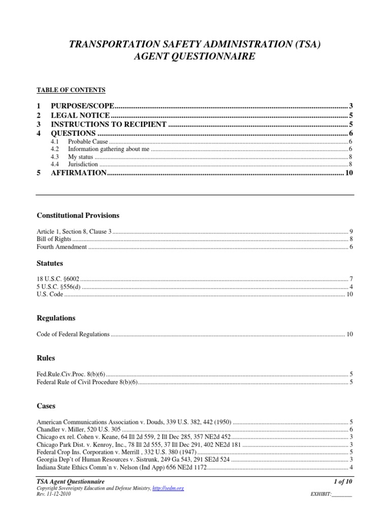 Transportation Safety Administration (Tsa) Agent Questionnaire | PDF ...