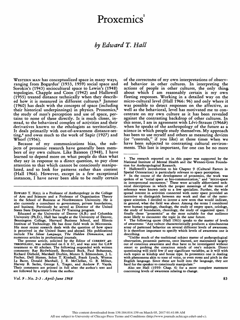 HALL, E. T. 1968. Proxemics | PDF | Psychology | Psychological Concepts