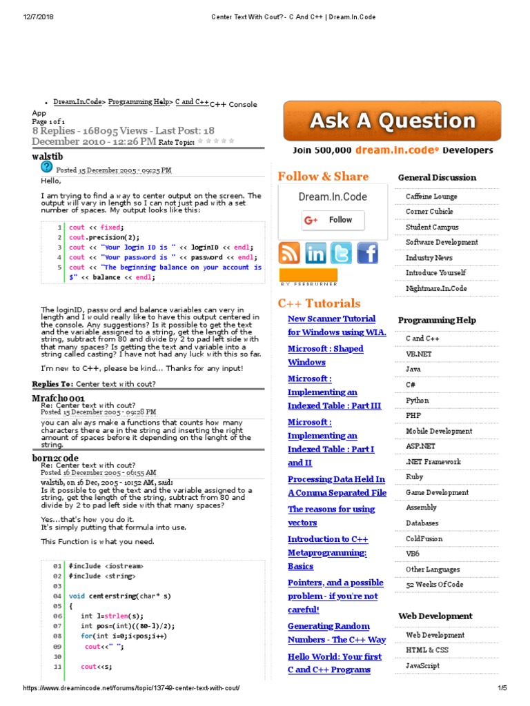 Center Text With Cout - C and C++ - Dream - In.Code | PDF | String (Computer Science) | C Sharp ...