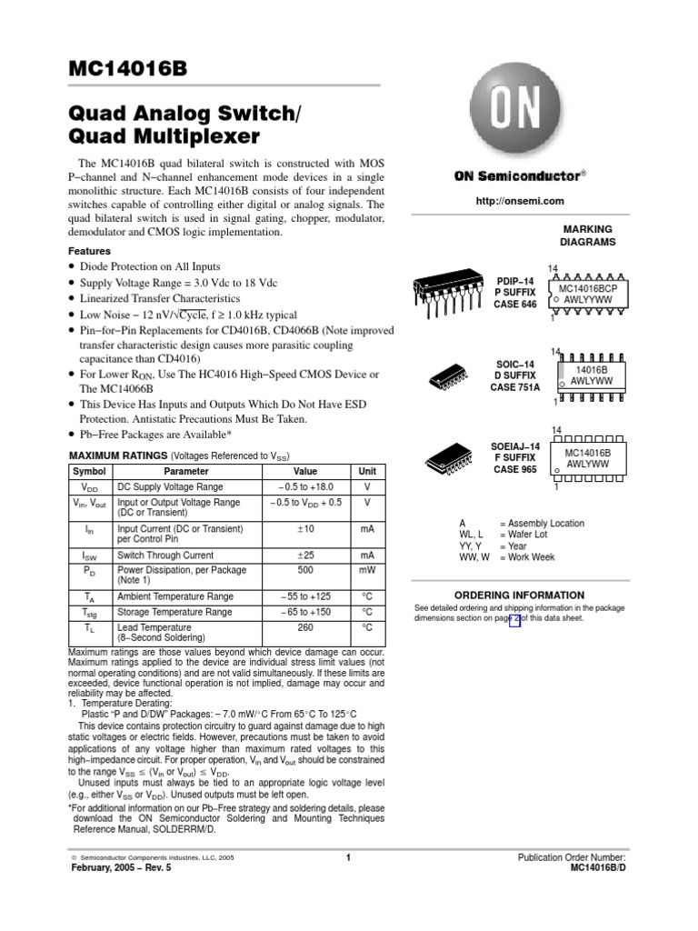 MC14016B Quad Analog Switch/ Quad Multiplexer: PDIP 14 P Suffix CASE ...