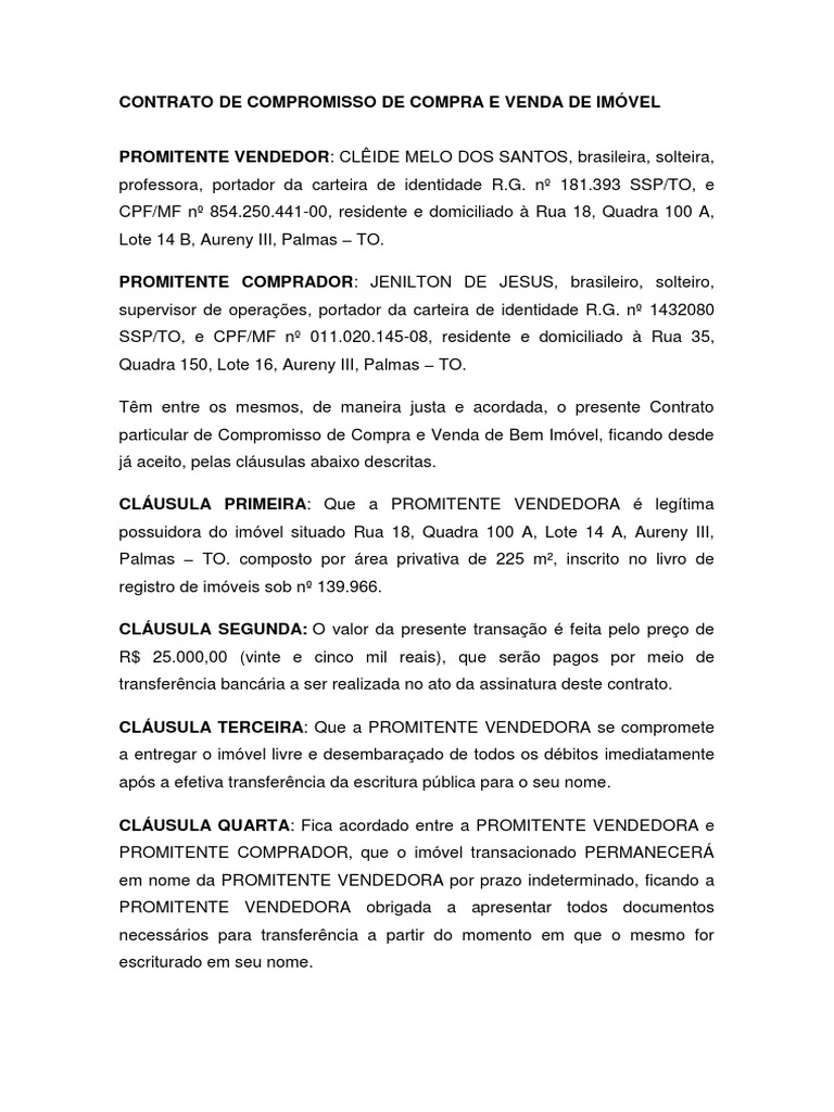 Modelo de Contrato de Compromisso de Compra e Venda de Imóvel | PDF ...