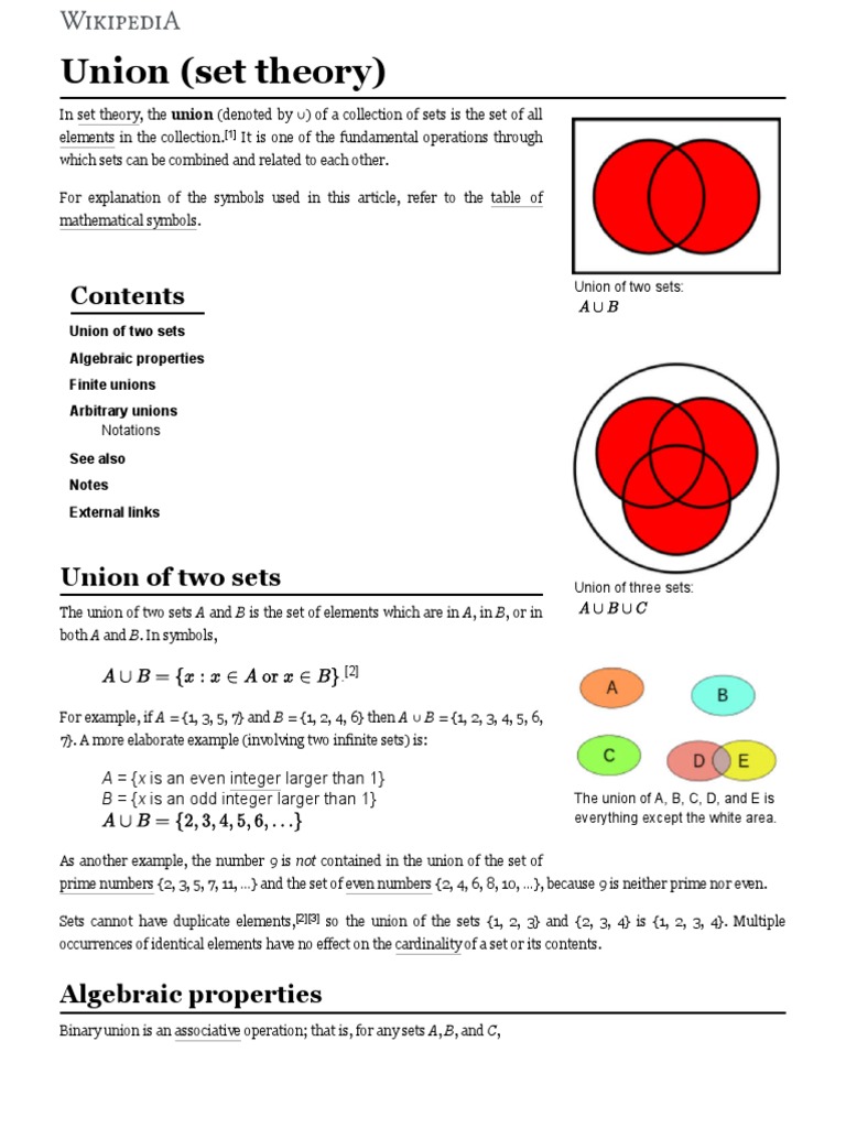Union (Set Theory) : Union of Two Sets Algebraic Properties Finite Unions Arbitrary Unions | PDF ...