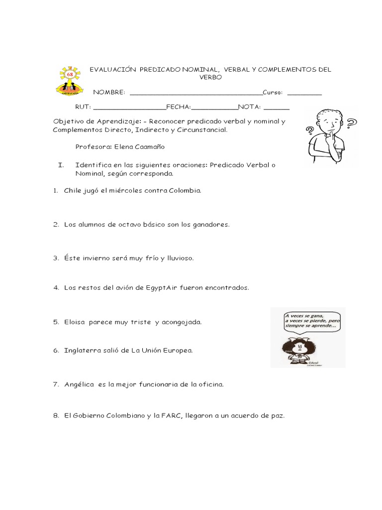 Evaluación Complementos Del Verbo | PDF