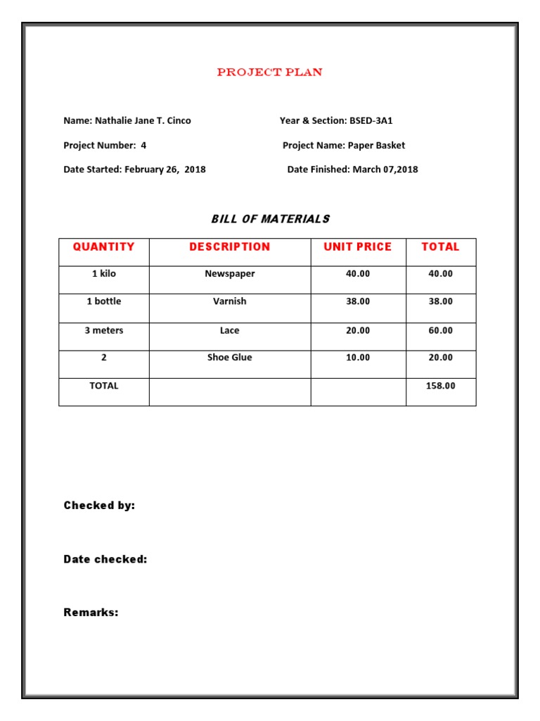 Quantity Description Unit Price Total: Project Plan | PDF