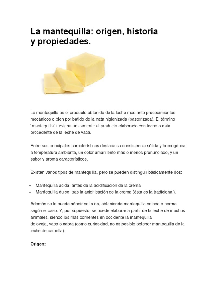 Origen y propiedades de la mantequilla | PDF | Mantequilla | Productos ...