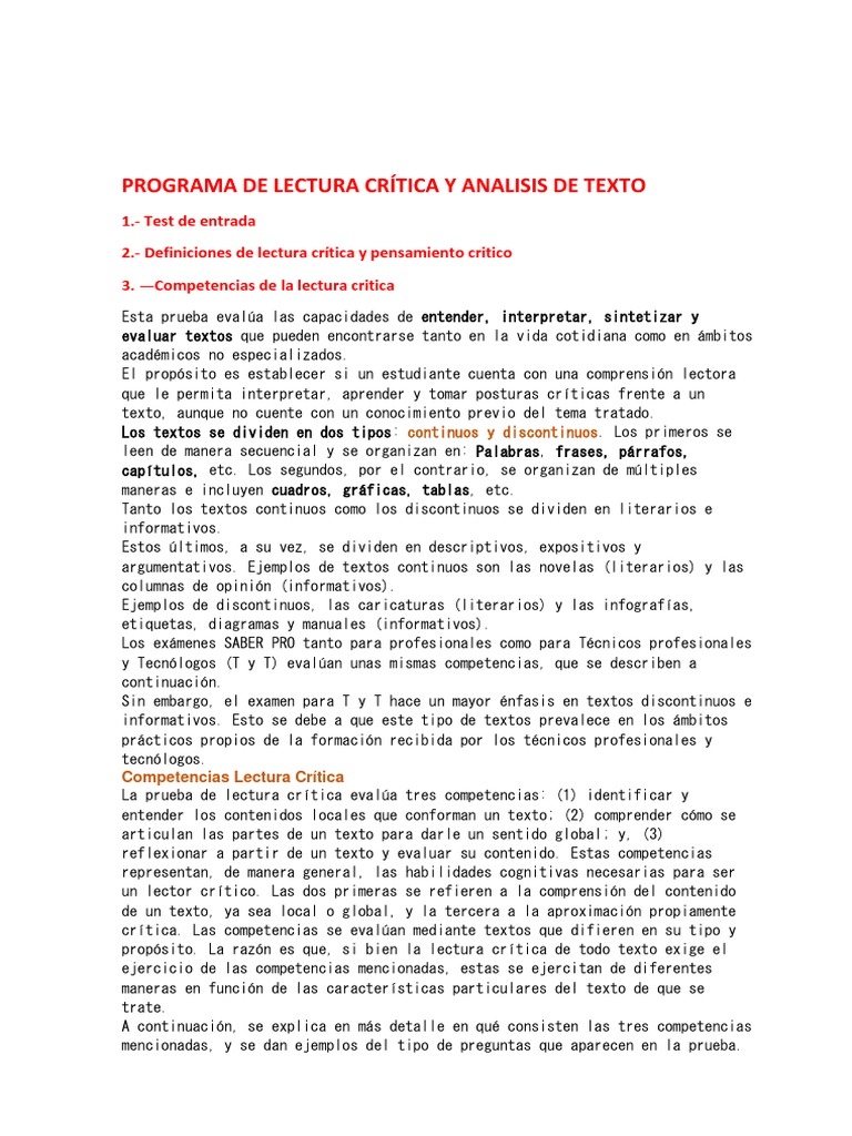 Lectura Critica y Analisis de Texto | PDF | Lectura (proceso ...