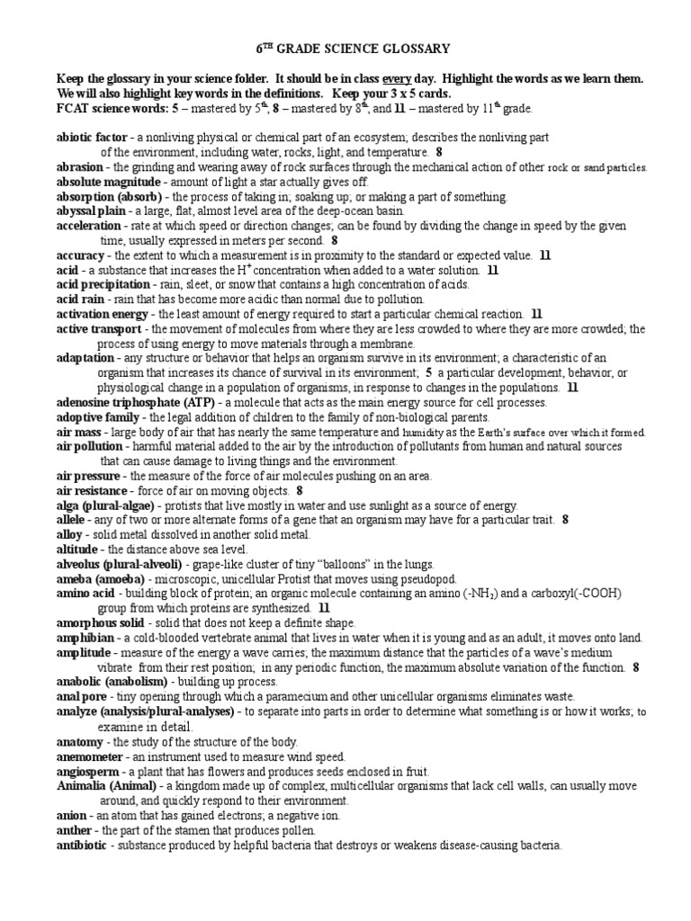 6th Grade Science Vocabulary Glossary | PDF | Cell (Biology) | Chemistry