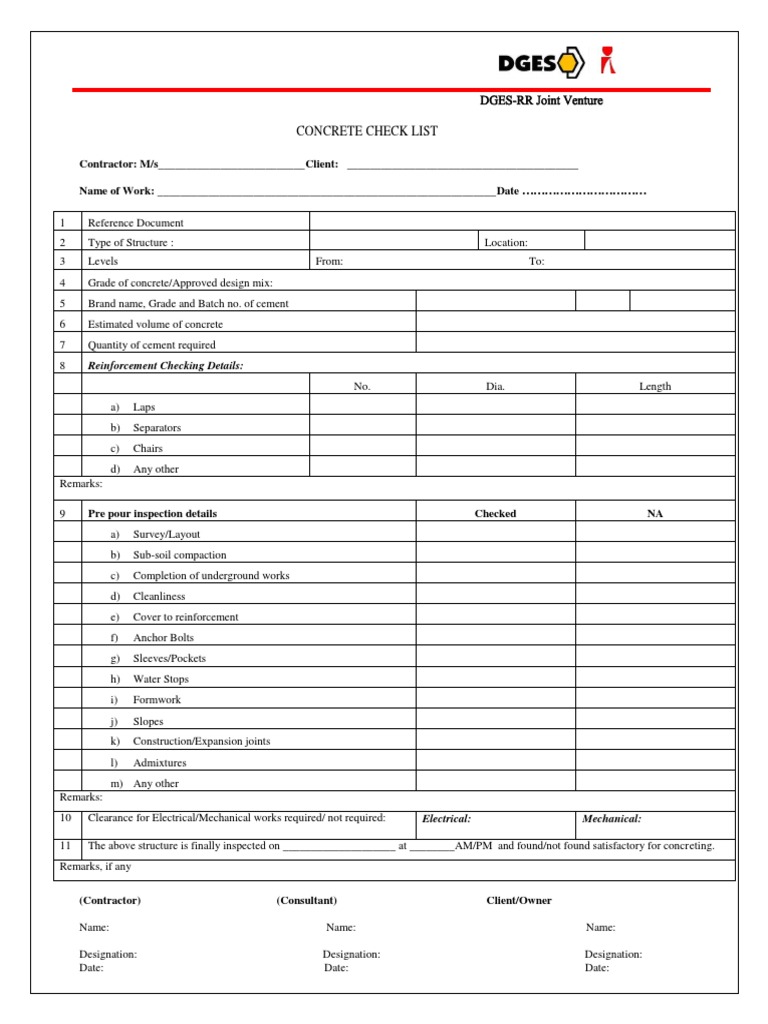 DGES-RR Joint Venture: Concrete Check List | PDF | Composite Material ...