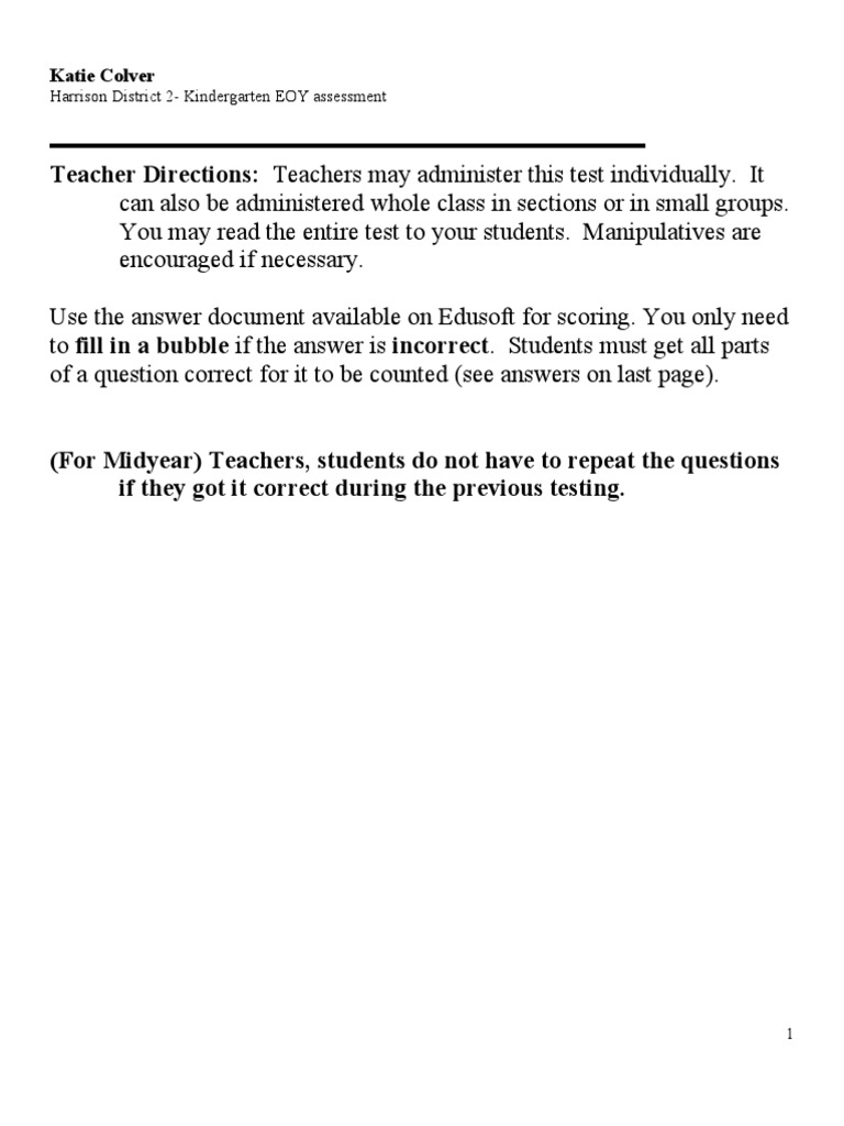Kindergarten End-of-Year Math Assessment | PDF | Teaching Mathematics ...
