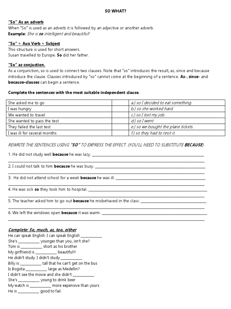 Function and Usage of So - Exercises | PDF | Sentence (Linguistics ...