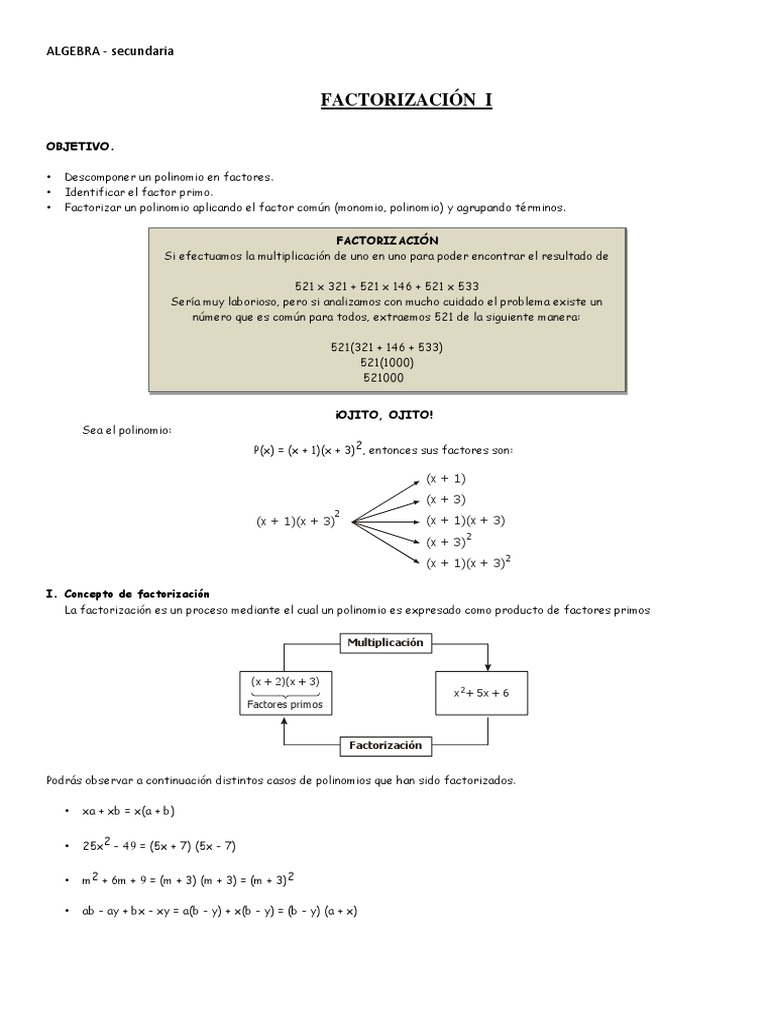Ficha de Algebra - Secundaria | PDF | Factorización | Objetos matemáticos