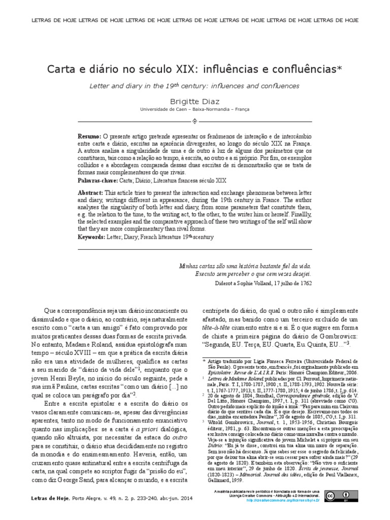 Carta e Diário No Século XIX Artigo Traduzido Do Francês Brigitte Diaz ...