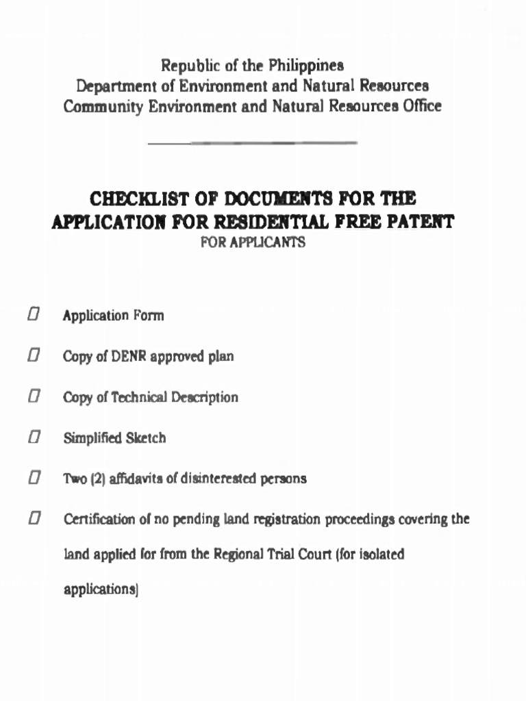 Checklist of Documents For The Application For Residential Free Patent ...