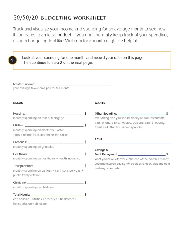 50/30/20 Budgeting Worksheet | PDF | Debt | Loans