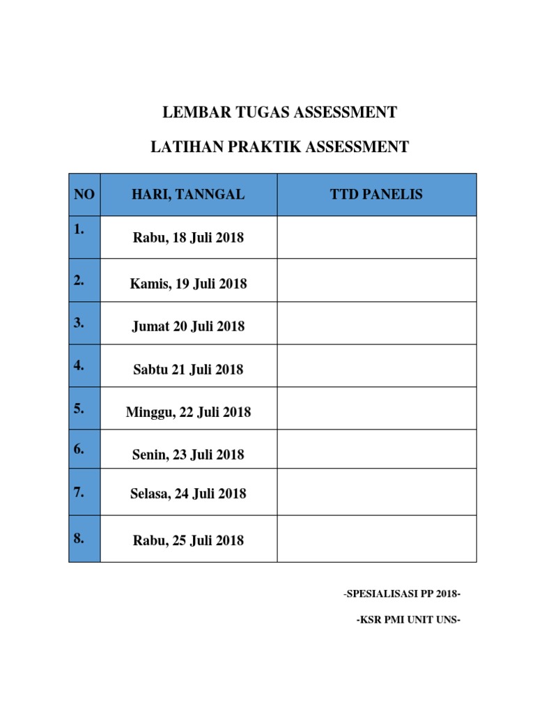 Lembar Tugas Assessment Latihan Praktik Assessment: NO Hari, Tanngal TTD Panelis 1. Rabu, 18 ...