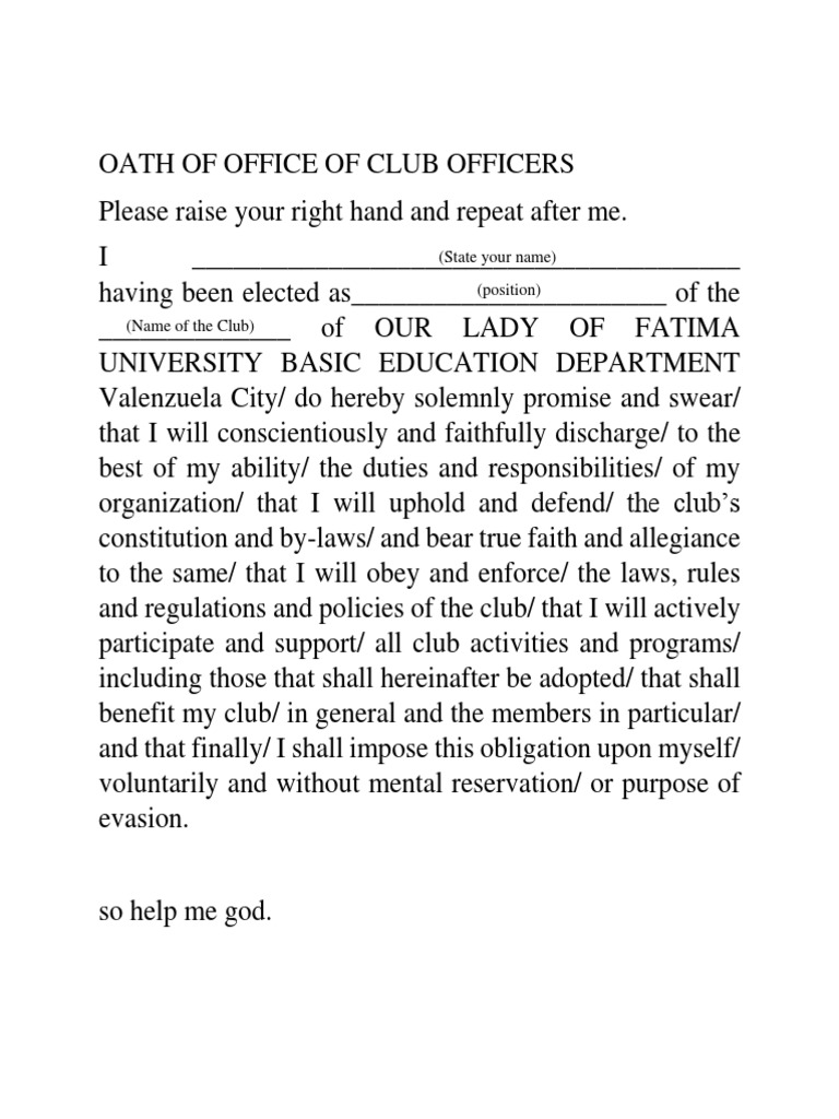 Oath of Office of Club Officers | PDF